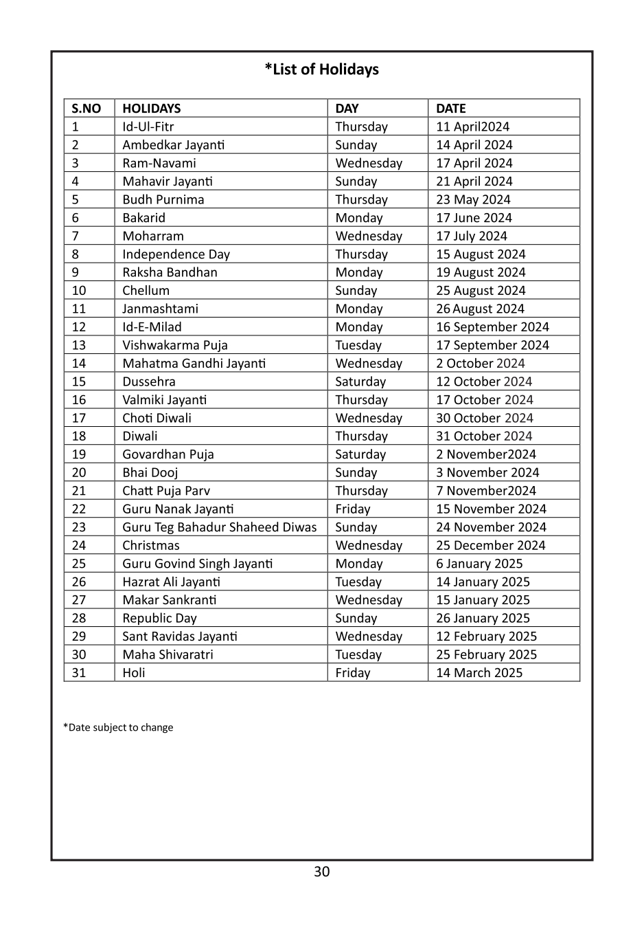 List of Holidays | TSUS Noida